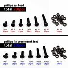 250pcs M2 Assortment Kit Black Steel Metric Thread Phillips Head Screw ...
