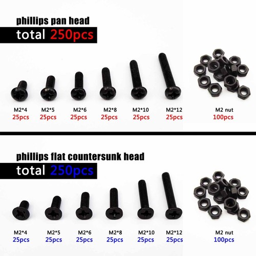 250pcs M2 Assortment Kit Black Steel Metric Thread Phillips Head Screw ...