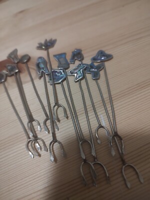 12 Hors D'oeuvre 2 prong Forks Picks Mexican Silver Abalone Alpaca ...