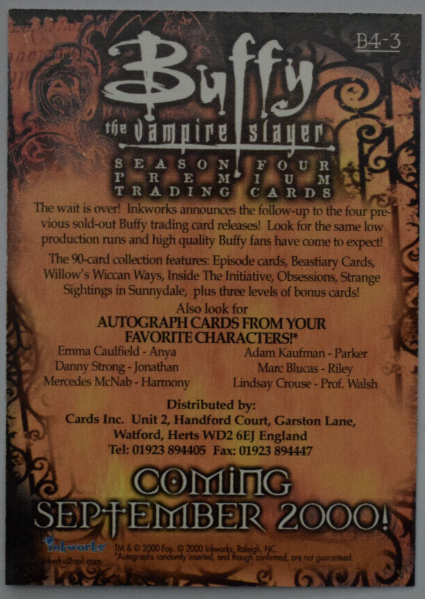 Buffy The Vampire Slayer Season Four 4 Promo Card B4-3 Cards Inc. | eBay