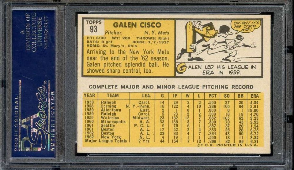 1963 TOPPS #93 GALEN CISCO PSA 8 METS *DS15512 | eBay