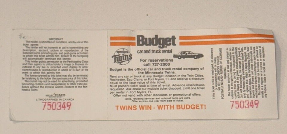 Yankees Twins HHH Metrodome Game Ticket Stub Tapani Win Mel Hall HR 6 ...