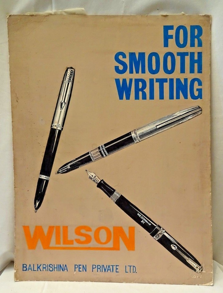 WILSON FOUNTAIN PEN VINTAGE ADVERTISEMENT CARDBOARD SIGN HAND PAINTED ...