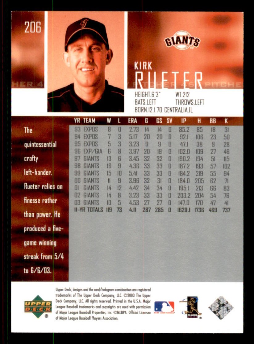 2004 Upper Deck - #206 Kirk Rueter for sale online | eBay