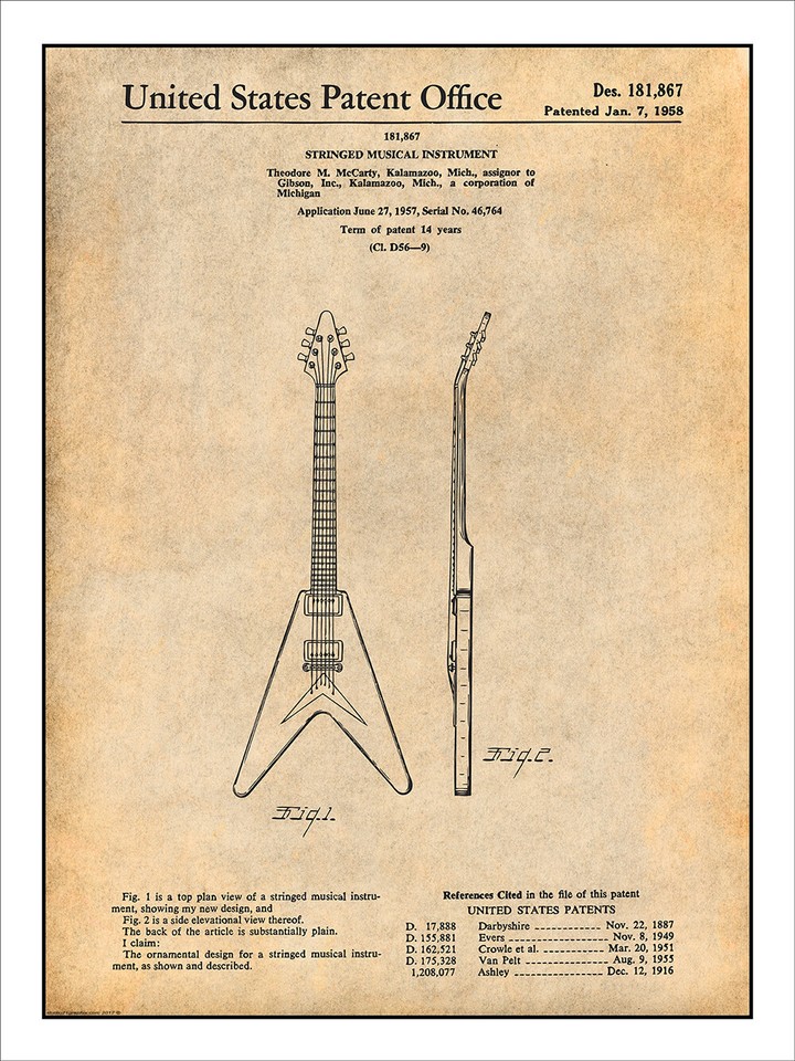 1958 Gibson Flying V Patent Print Art Drawing | eBay