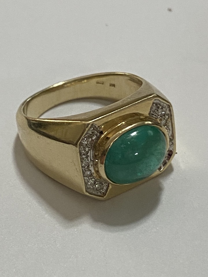 Vintage 14K 585 Men’s Emerald Cabochon Diamond Ring | eBay