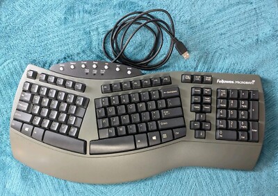 Fellowes Ergonomic Keyboard Microban Wired USB Tested Works Black Grey ...