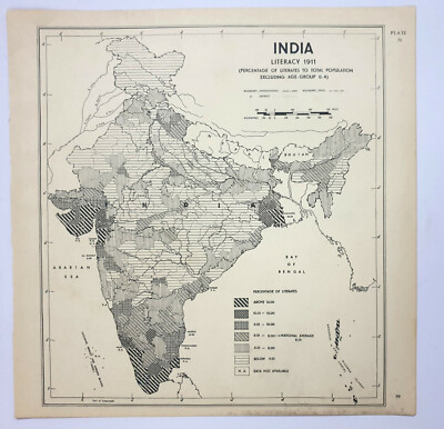 Map India LITERACY IN 1911 & 1921 12in x 12in | eBay