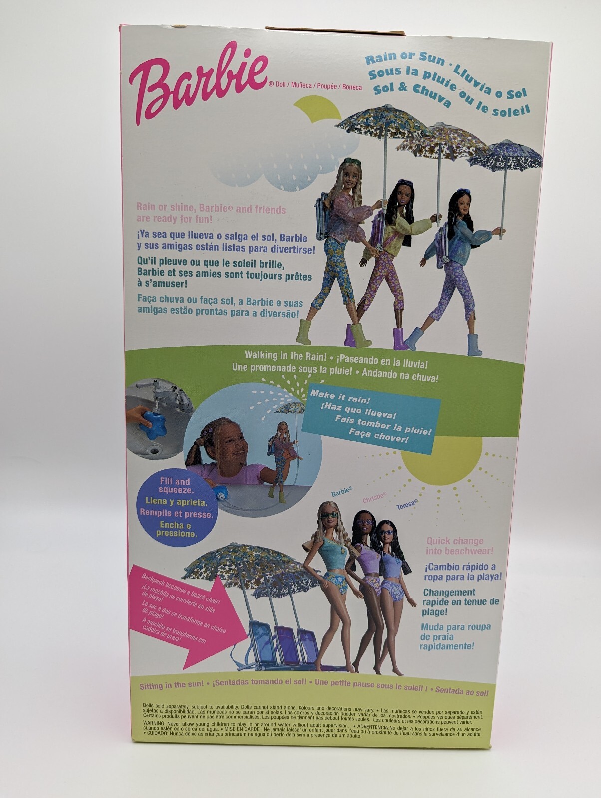 RAIN OR SUN BARBIE 2000 Playline Doll Make Umbrella Really Rain 29179 ...