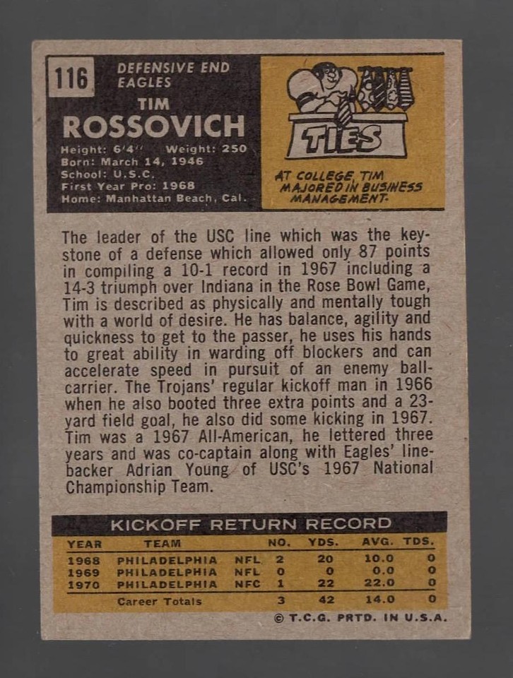 1971 Topps Tim Rossovich Philadelphia Eagles #116 Excellent | eBay