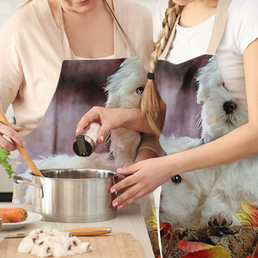 Dog Printed Linen Apron Waterproof Kitchen Cooking Bibs Adult Apron ...