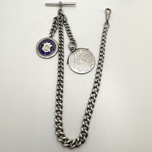 Antique sterling silver Albert watch fob chain medallion coin enamel ...