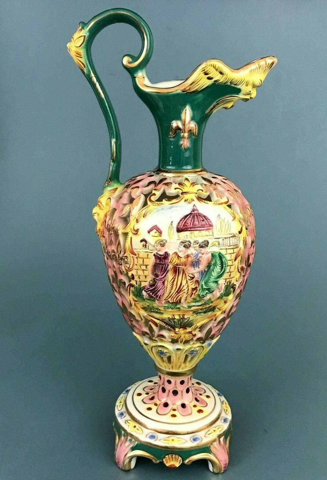 ATQ Capodimonte Italy Porcelain Open Work Relief Fairies Pitcher Vase ...