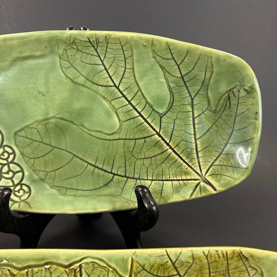 Studio Pottery Hand Made Serving Tray Dishes in Green w Maple Leaf ...