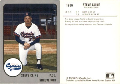 Steve Cline 1988 ProCards #1286 RC Card Shreveport Captains | eBay