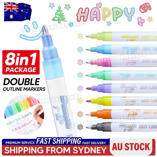 8 Colours Card Writing Drawing Double Line Outline Pen Highlighter ...