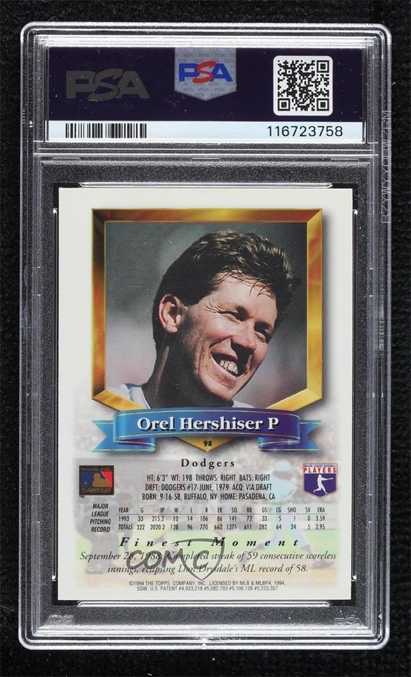 1994 Topps Finest Refractor Orel Hershiser #98 PSA 10 GEM MT | eBay