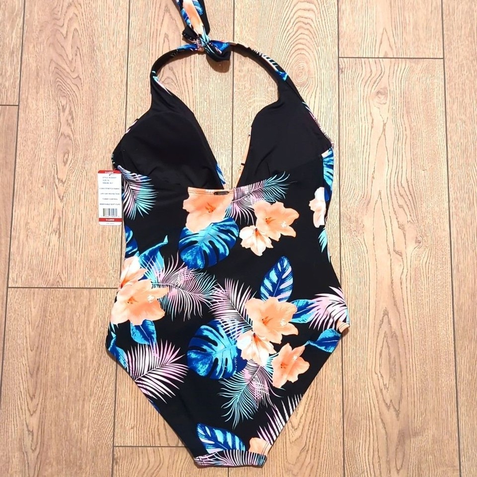 DKNY NEW Women's XL Tropical Print Plunge Halter Neck Sexy 1 Piece Swim ...