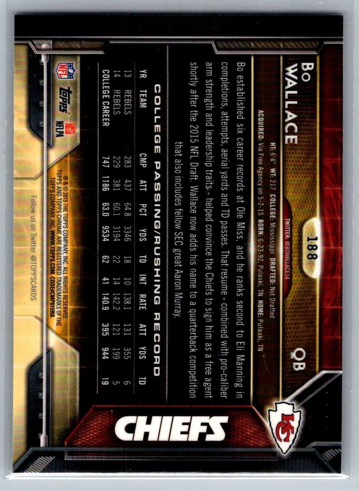 2015 Topps Chrome #188 Bo Wallace Hot Box Blue Refractor RC CHIEFS (A ...