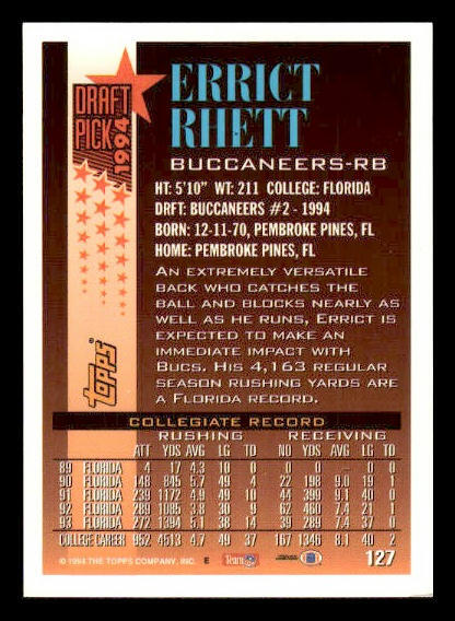 1994 Topps #127 Errict Rhett Tampa Bay Buccaneers RC | eBay