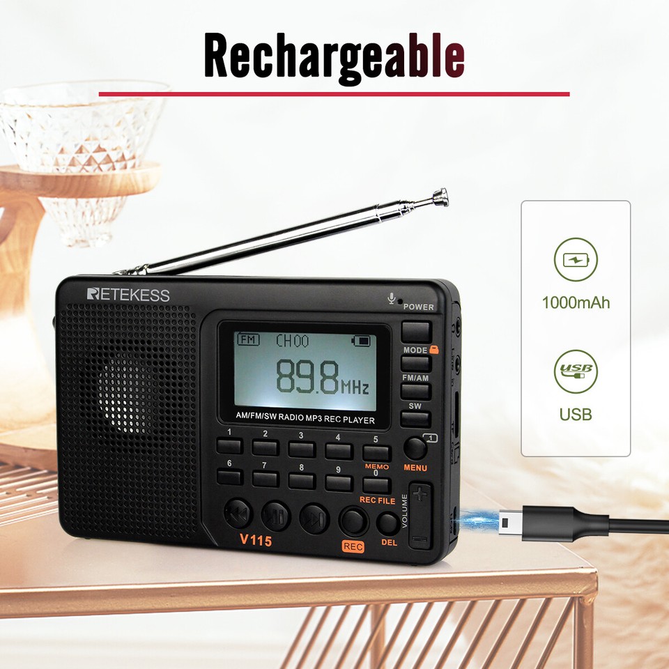 Retekess V115 Portable FM/AM/SW Radio Digital Speaker Rechargeable ...