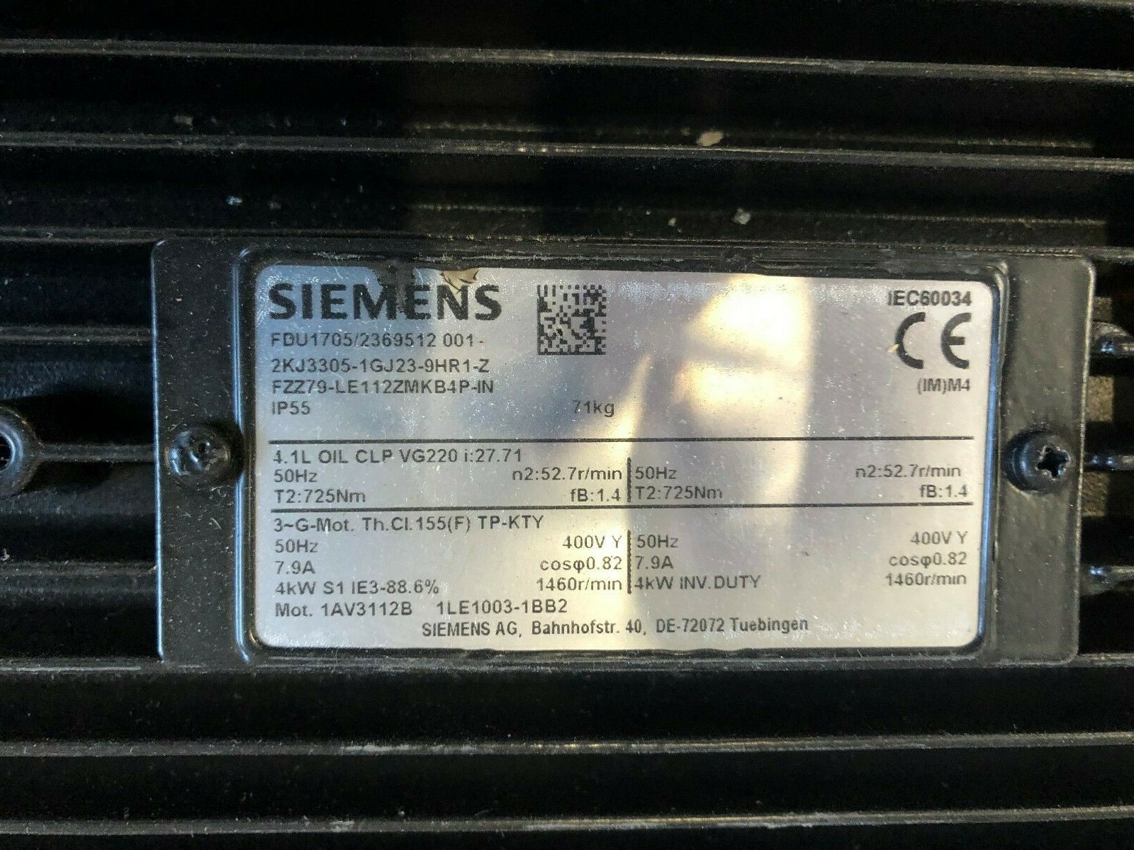 Siemens Geared Motor 2KJ3305-1GJ23-9HR1-Z FDU1705/2369512 | eBay.de