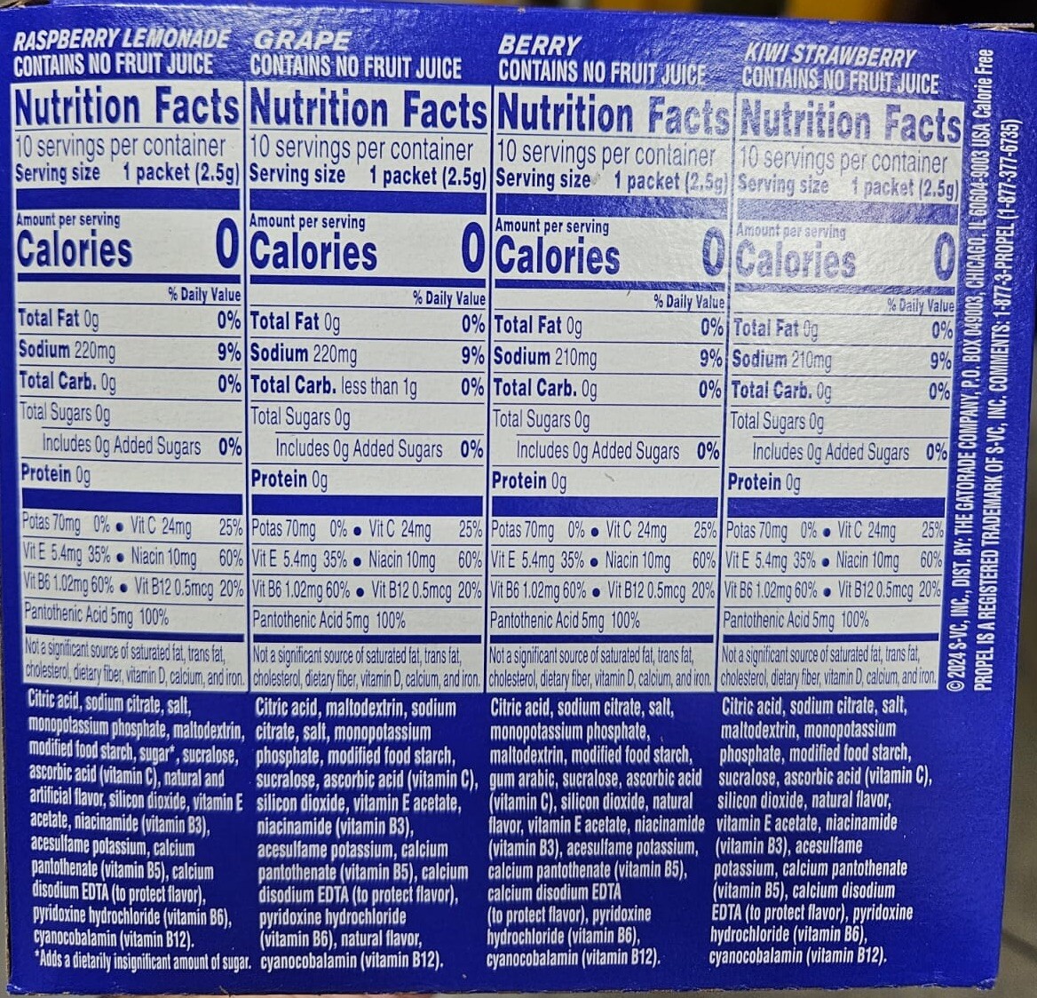 Propel Ingredients Label