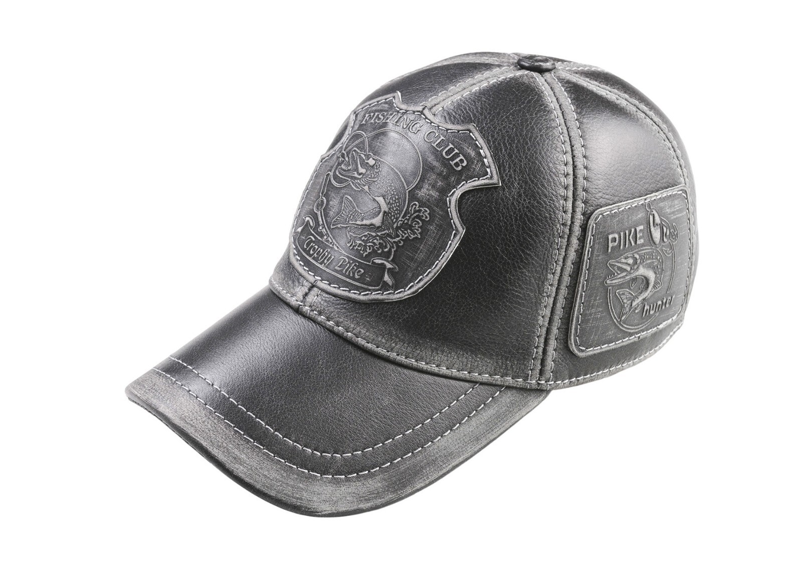 Pike Hunter Fisherman Leather Handcrafted Black Baseball Cap Dad Angler ...