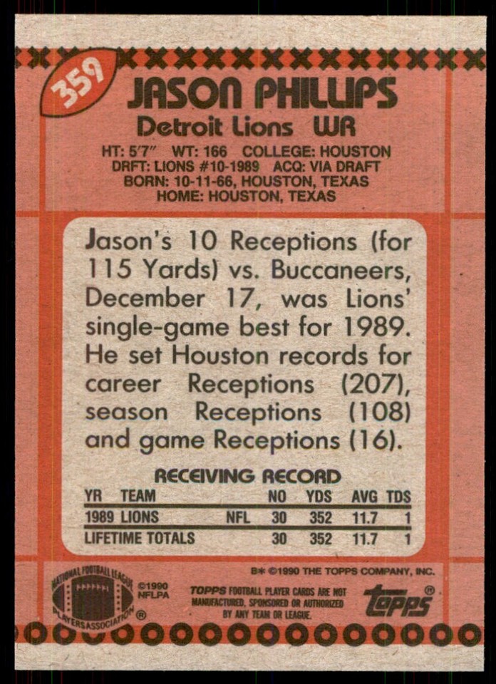 1990 Topps Jason Phillips Football Cards #359 | eBay