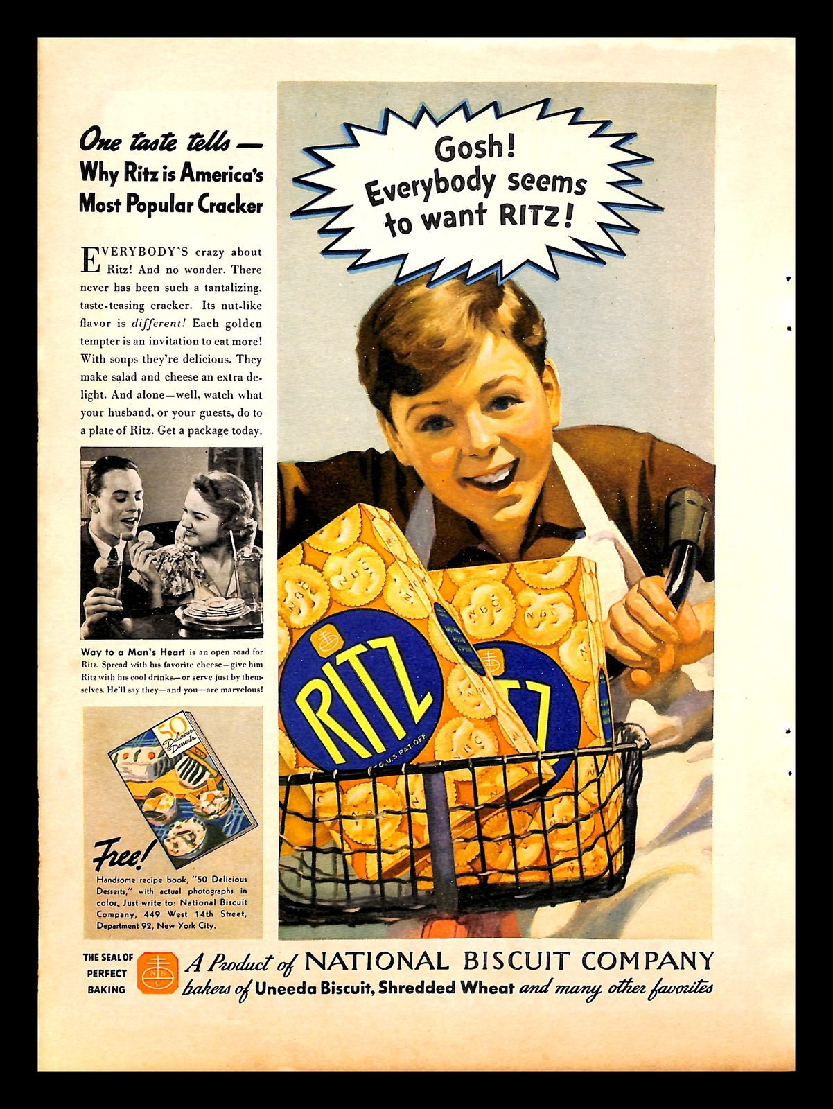 1937 Ritz Crackers Vintage PRINT AD National Biscuit Company Boy ...