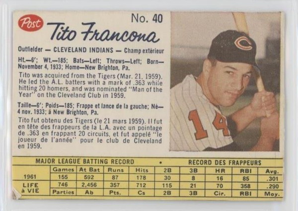 1962 Post Canadian - #40 Tito Francona for sale online | eBay