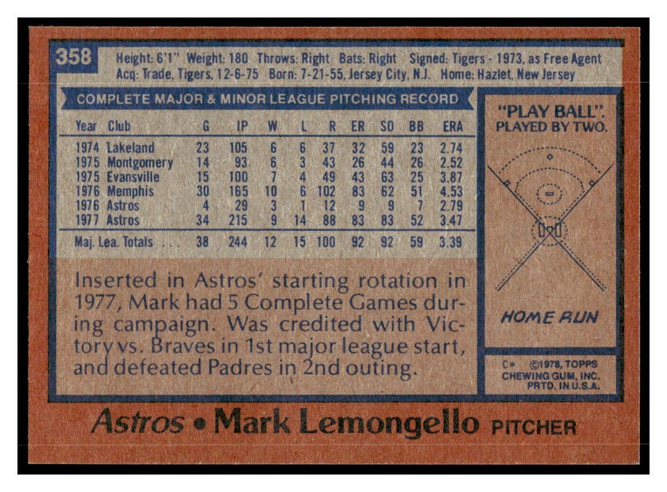 1978 Topps 358 Mark Lemongello Houston Astros | eBay