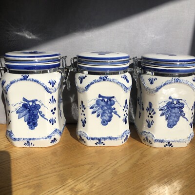 3 Vtg Panware Home Essentials Cobalt Blue & White Canister Set Jar W ...