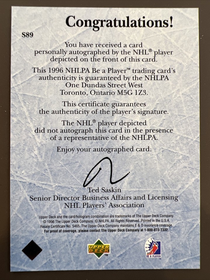 1995-96 Upper Deck Be A Player AUTOGRAPH #S89 Todd Elik BOSTON BRUINS ...