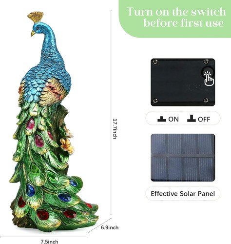 Solar Peacock Statue - LED Garden Decor with Gemstones Outdoor Yard Art ...