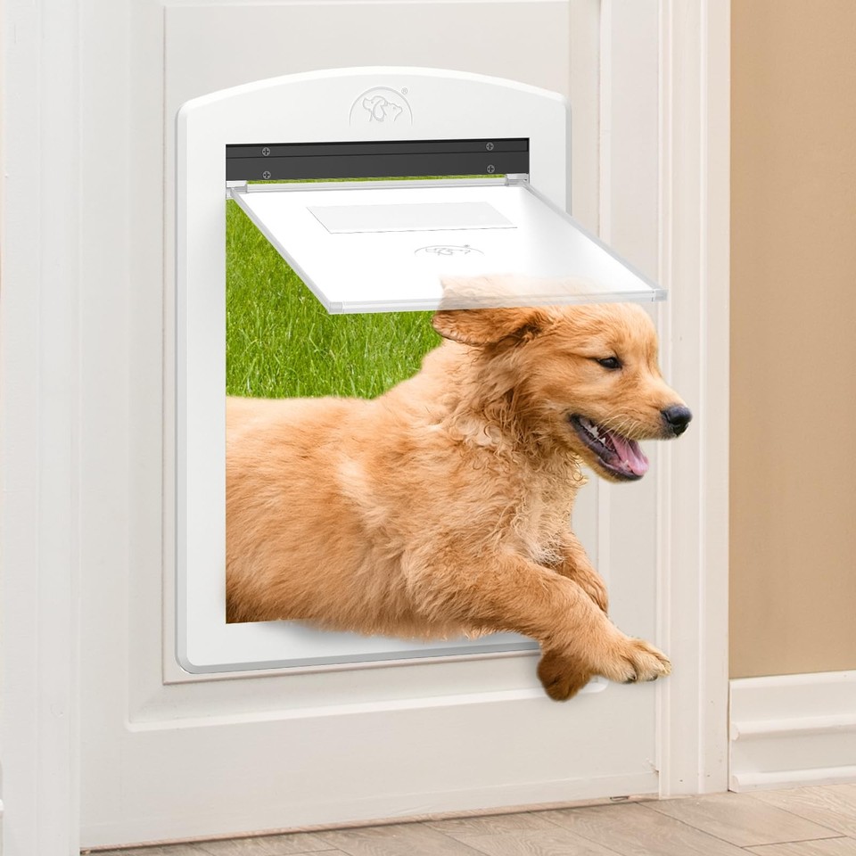 White Frame Dog Door, Plastic Doggy Door with Sliding Lock Panel and ...