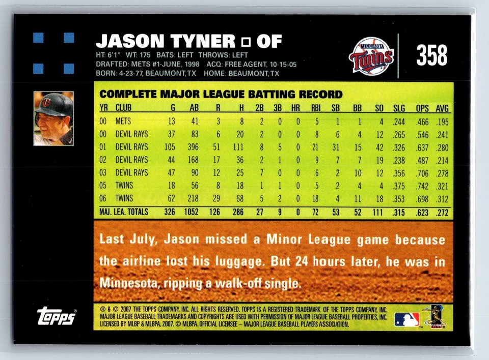 2007 Topps Jason Tyner Minnesota Twins #358 | eBay