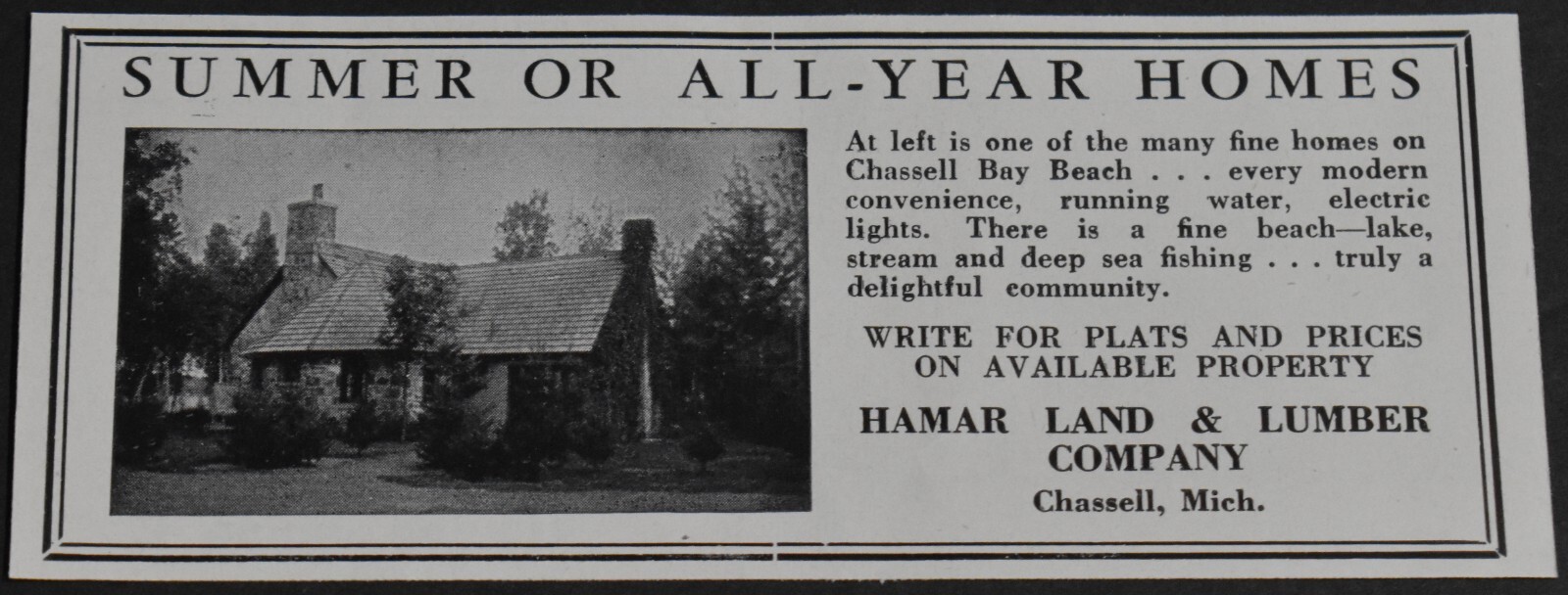 1949 Print Ad Michigan Chassell Hamar Land & Lumber Company Bay Beach ...
