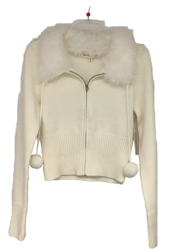 Hazel Moon size M white faux fur zip up sweater Pom Poms NWT | eBay