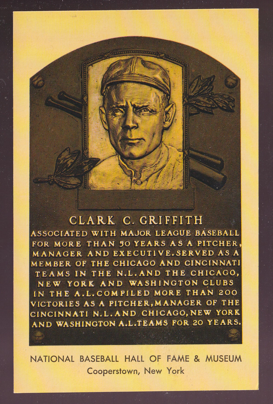 CLARK GRIFFITH Baseball Hall of Fame -HOF- Plaque NEW POSTCARD | eBay