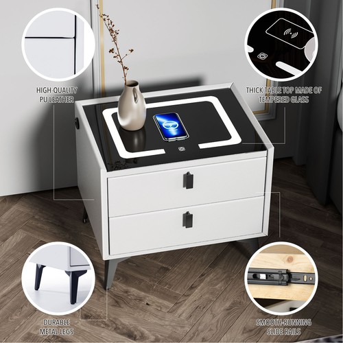 LED Bedside Table Smart Wireless Charging End Drawer Storage Cabinet ...