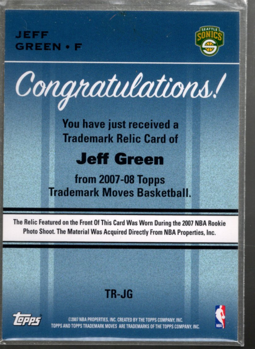 B3779- 2007-08 Topps Trademark Moves Relics #JG Jeff Green Jersey /299 ...