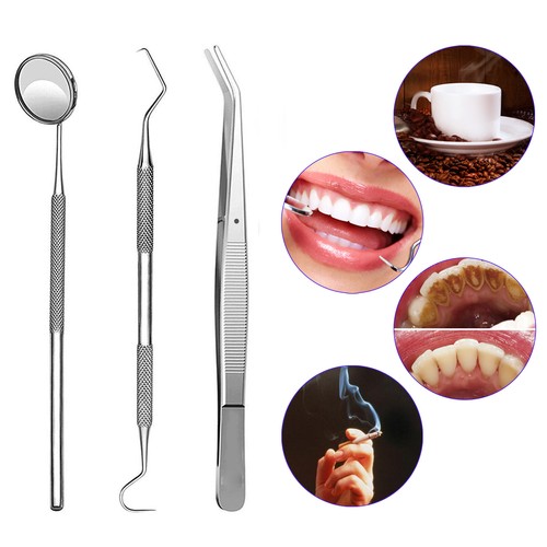 3Pcs Dental Examination Kit Basic Hygiene Tweezer Mirror Explorer ...