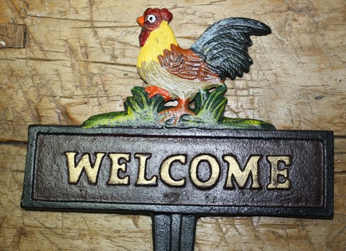 Cast Iron ROOSTER WELCOME Sign Garden Stake Home Decor CHICKEN Plaque ...