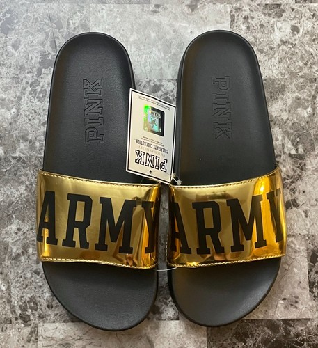 NWT VICTORIA'S SECRET PINK M L GOLD BLACK U.S ARMY SLIDES SLIP ON ...