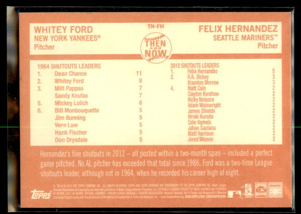 2013 Topps Heritage Then and Now Whitey Ford / Felix Hernandez #TN-FH ...