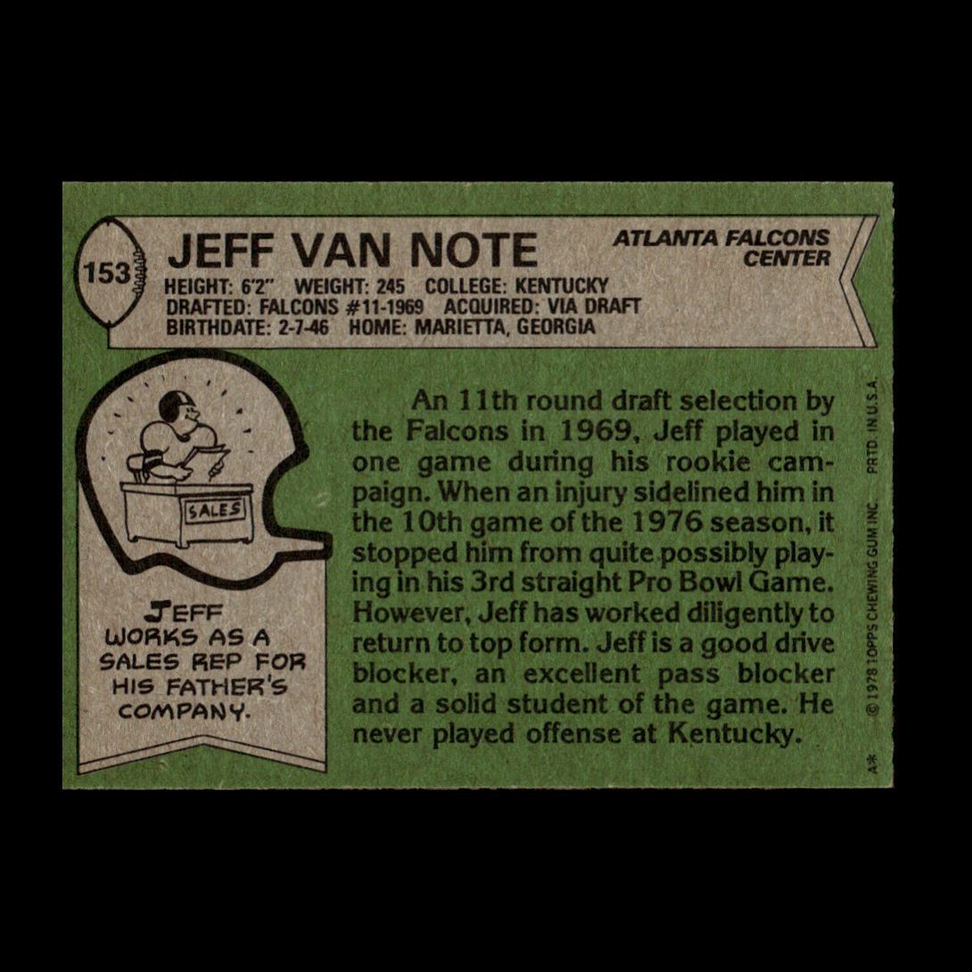 Jeff Van Note 1978 Topps Atlanta Falcons #153 R308F 3 | eBay