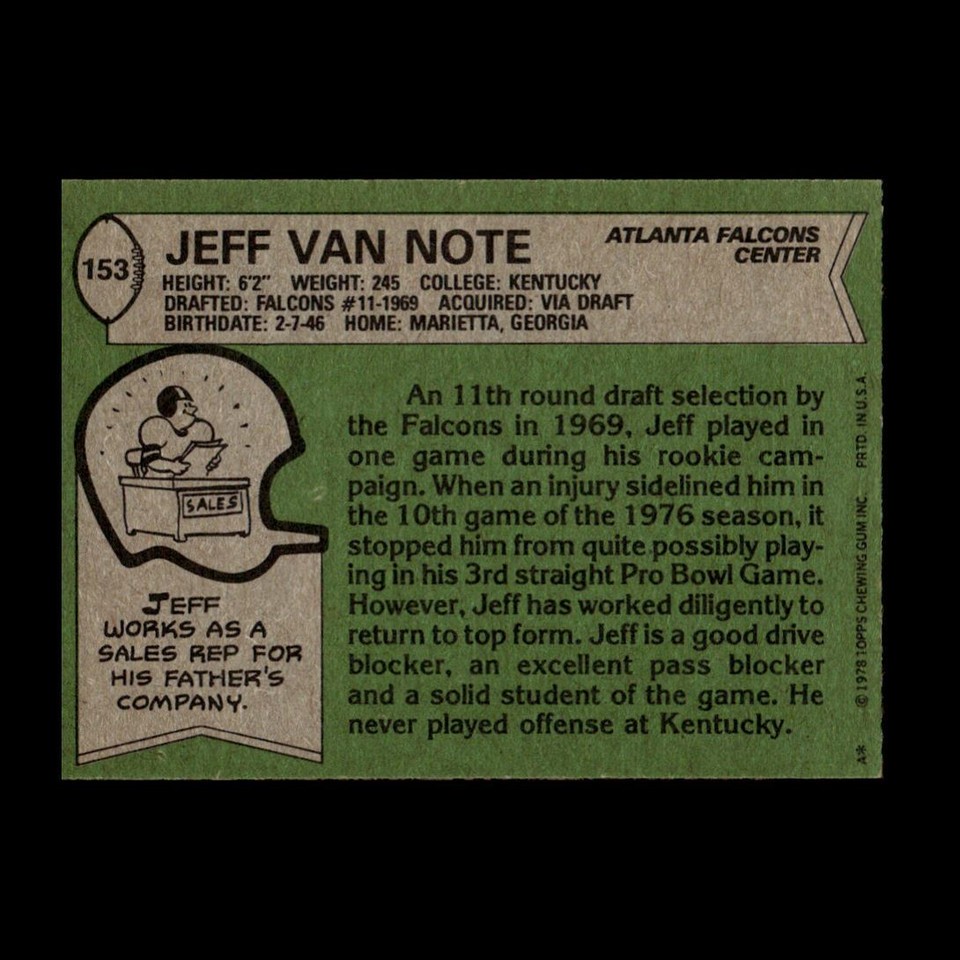 Jeff Van Note 1978 Topps Atlanta Falcons #153 R308F 3 | eBay