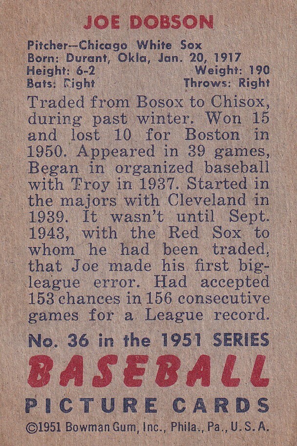 1951 Joe Dobson Chicago White Sox Bowman Baseball Card | eBay