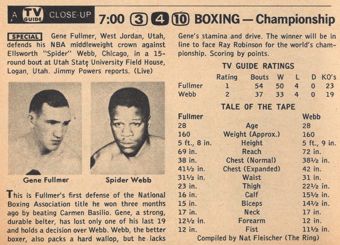 1960 TV BOXING AD GENE FULLMER V ELLSWORTH SPIDER WEBB MIDDLEWEIGHT ...